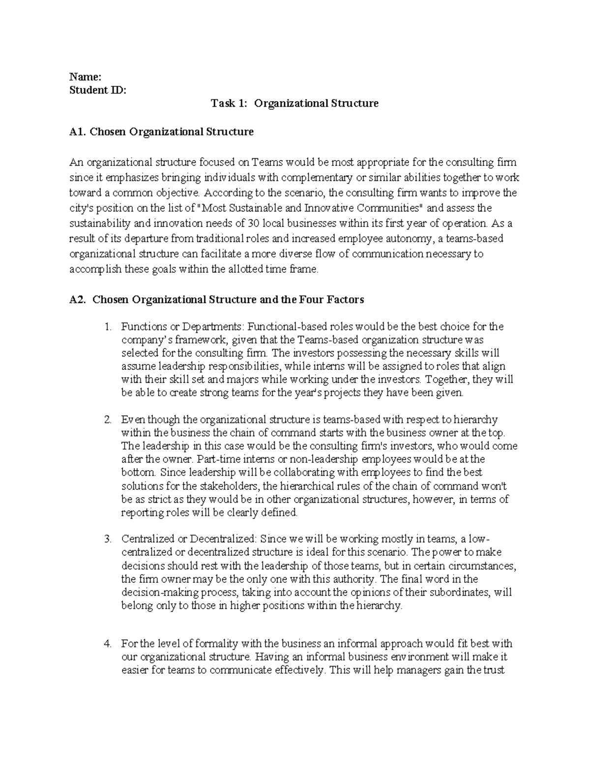 D078 - Task 1 Assignment - Name: Student ID: Task 1: Organizational ...