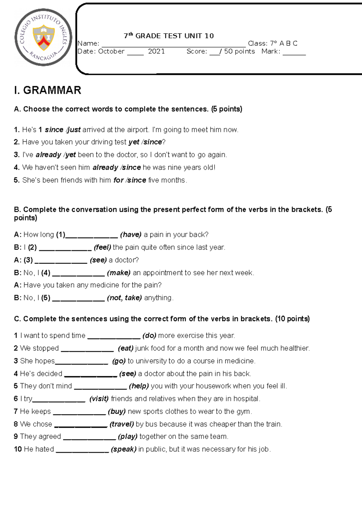 7th ABC Unit 10 ( Done) - para 7mo - 7 th GRADE TEST UNIT 10 Name ...