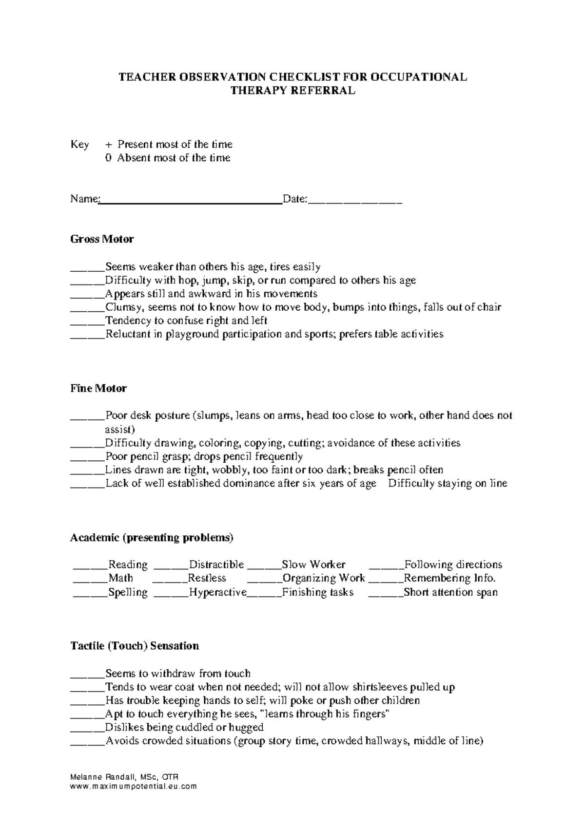 9 Teacher Observation eu - Melanne Randall, MSc, OTR m axim um pot ent ...