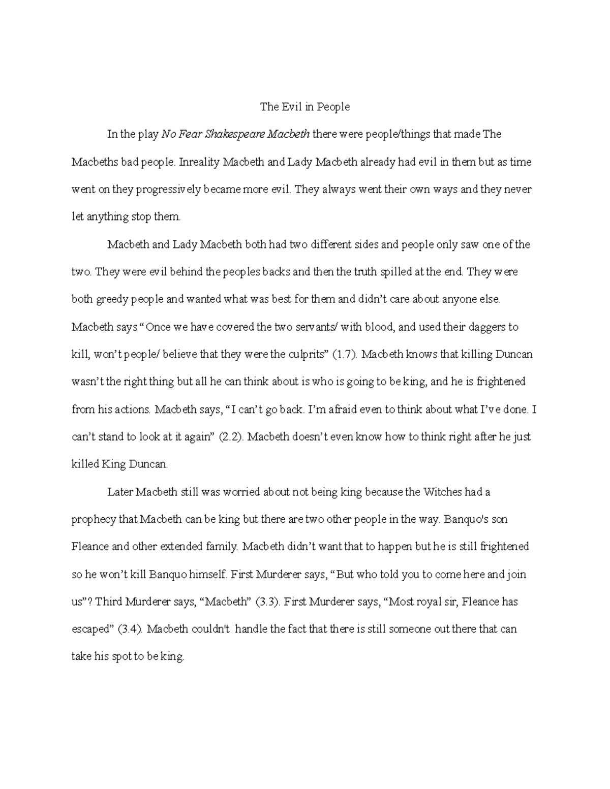 Macbeth Essay - The Evil in People In the play No Fear Shakespeare ...