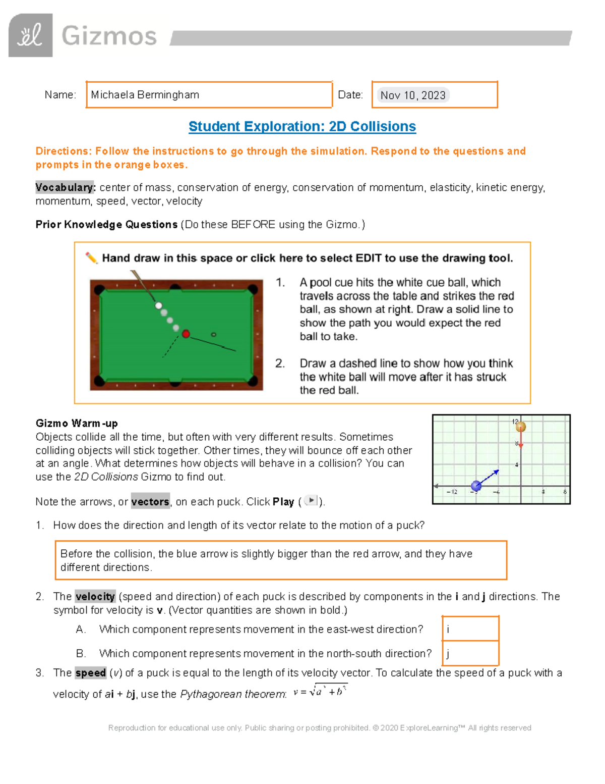 Michaela Bermingham - 2D Collisions Student Exploration - Name ...