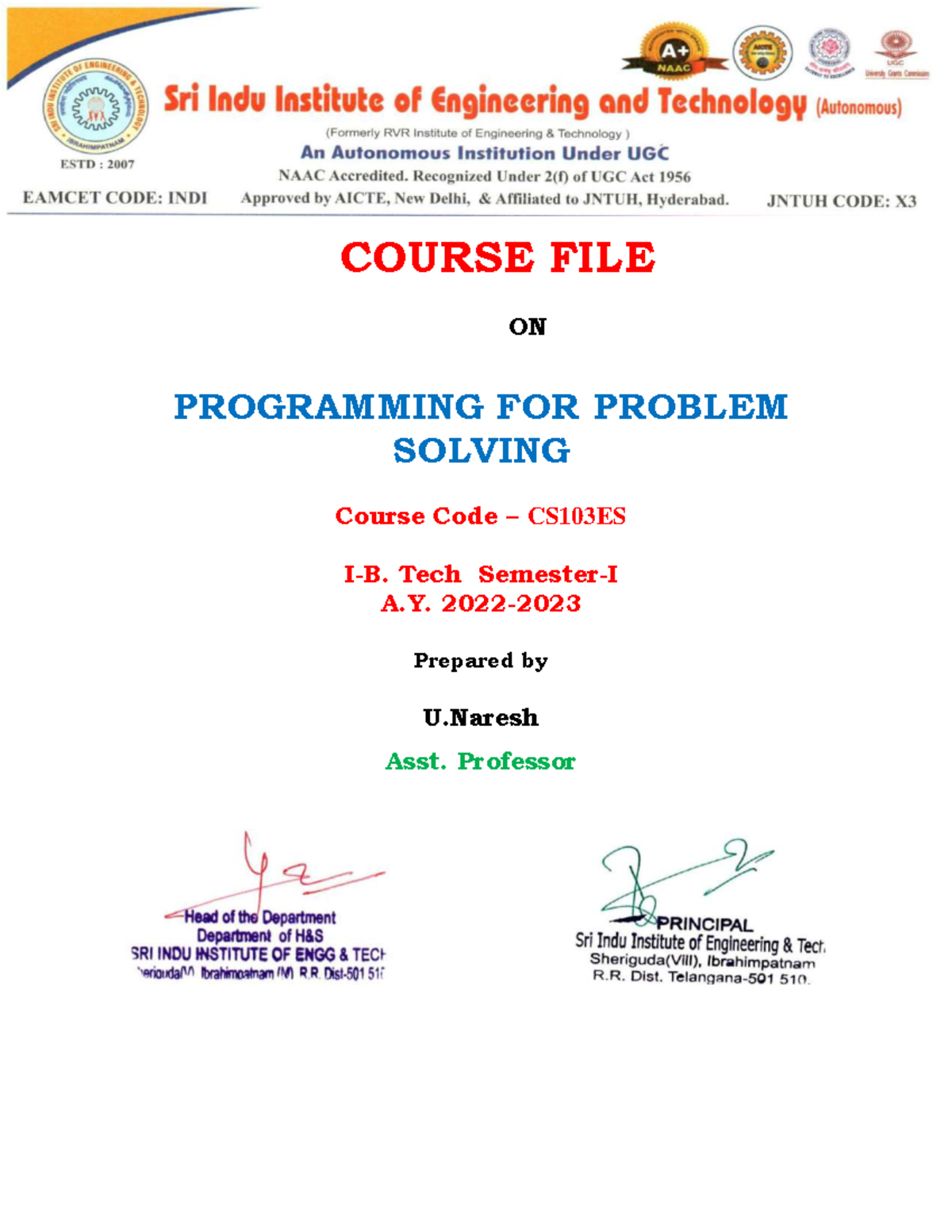 Course FILE PPS 1 - Programming file - COURSE FILE ON PROGRAMMING FOR PROBLEM SOLVING Course ...