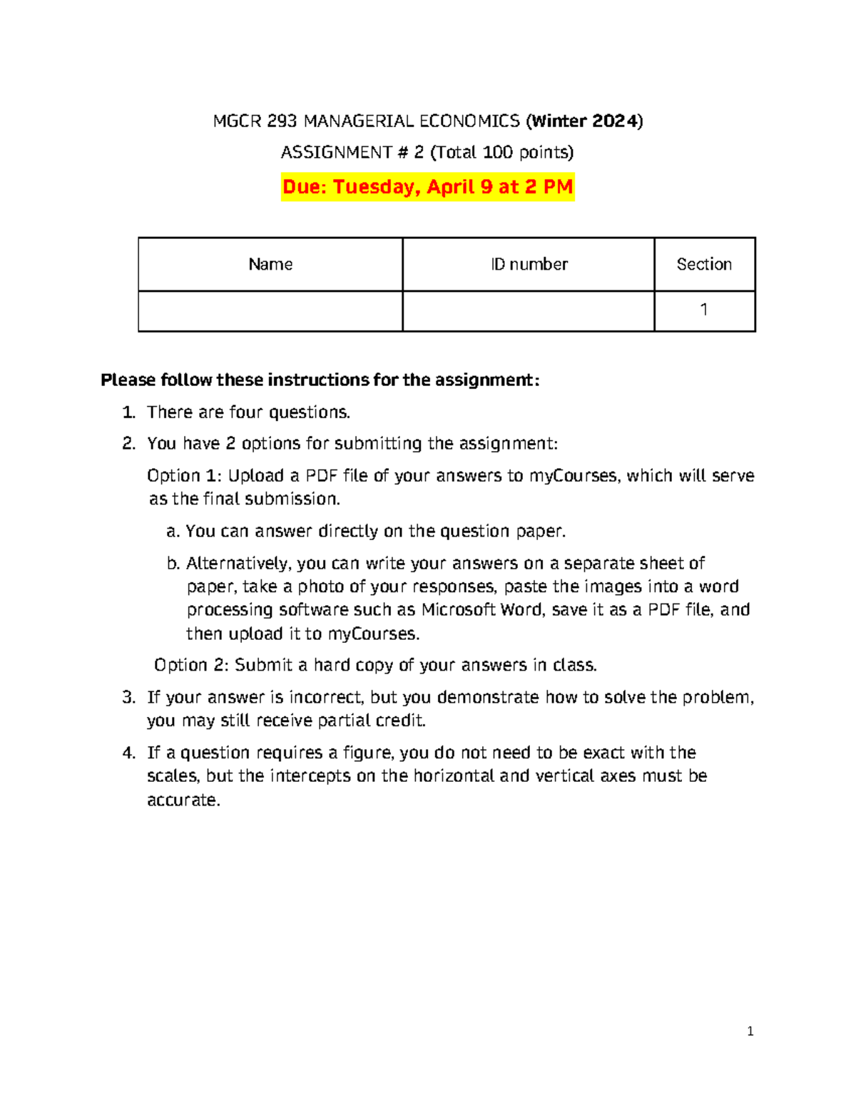 W2024MGCR293 Assignment 2 S1 - MGCR 293 MANAGERIAL ECONOMICS (Winter 2024 ) ASSIGNMENT # 2 ...