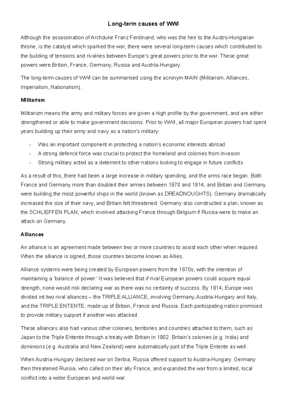 Long-term causes of WWI - Long-term causes of WWI Although the ...