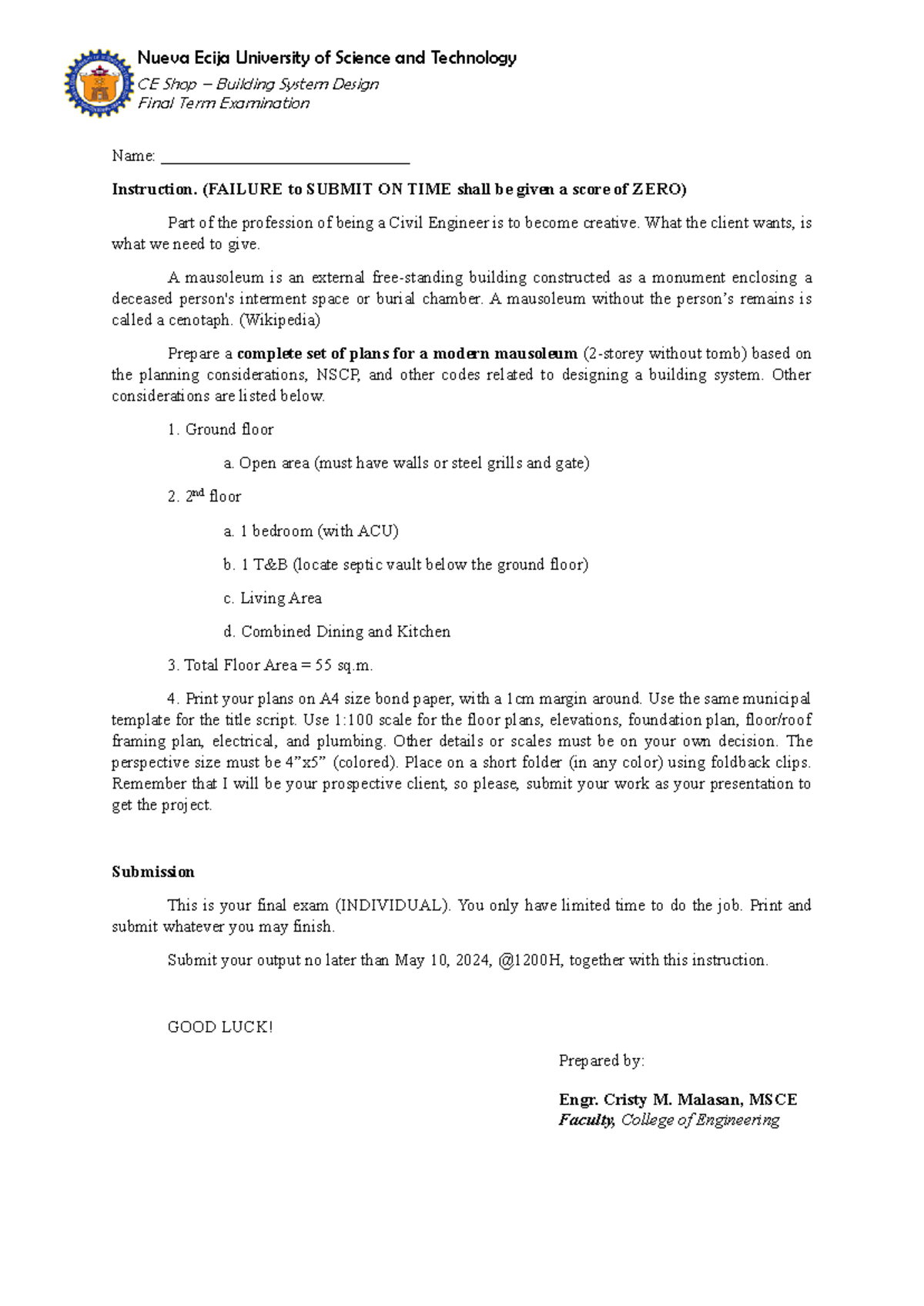 CE Shop Final Exam - .... - Nueva Ecija University of Science and ...