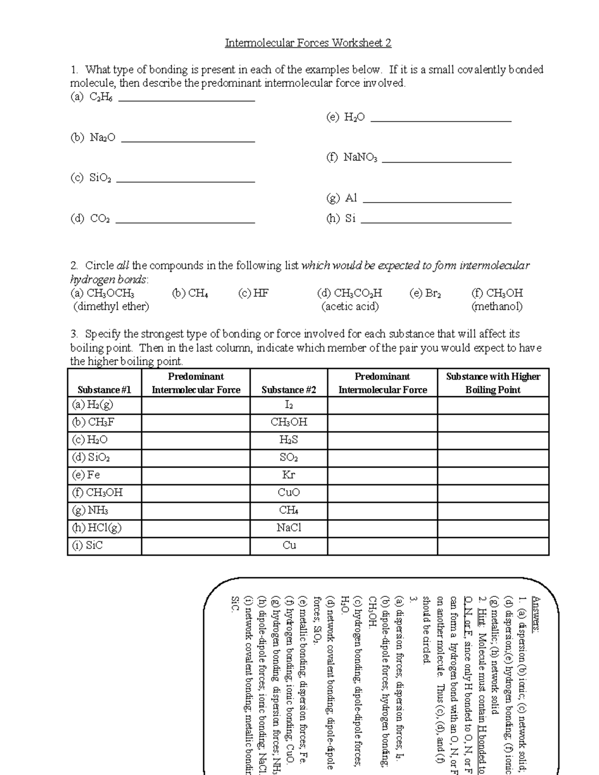 Intermolecular Forces worksheet 2 - What type of bonding is present in ...