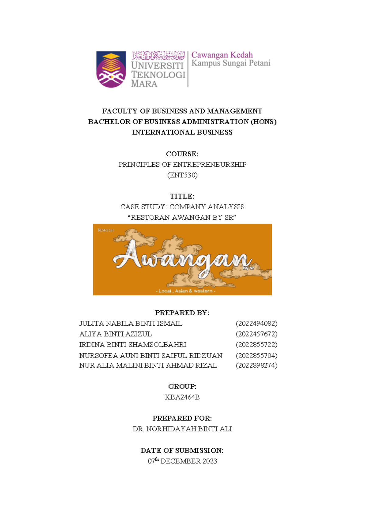 ENT530 Case Study - FACULTY OF BUSINESS AND MANAGEMENT BACHELOR OF ...