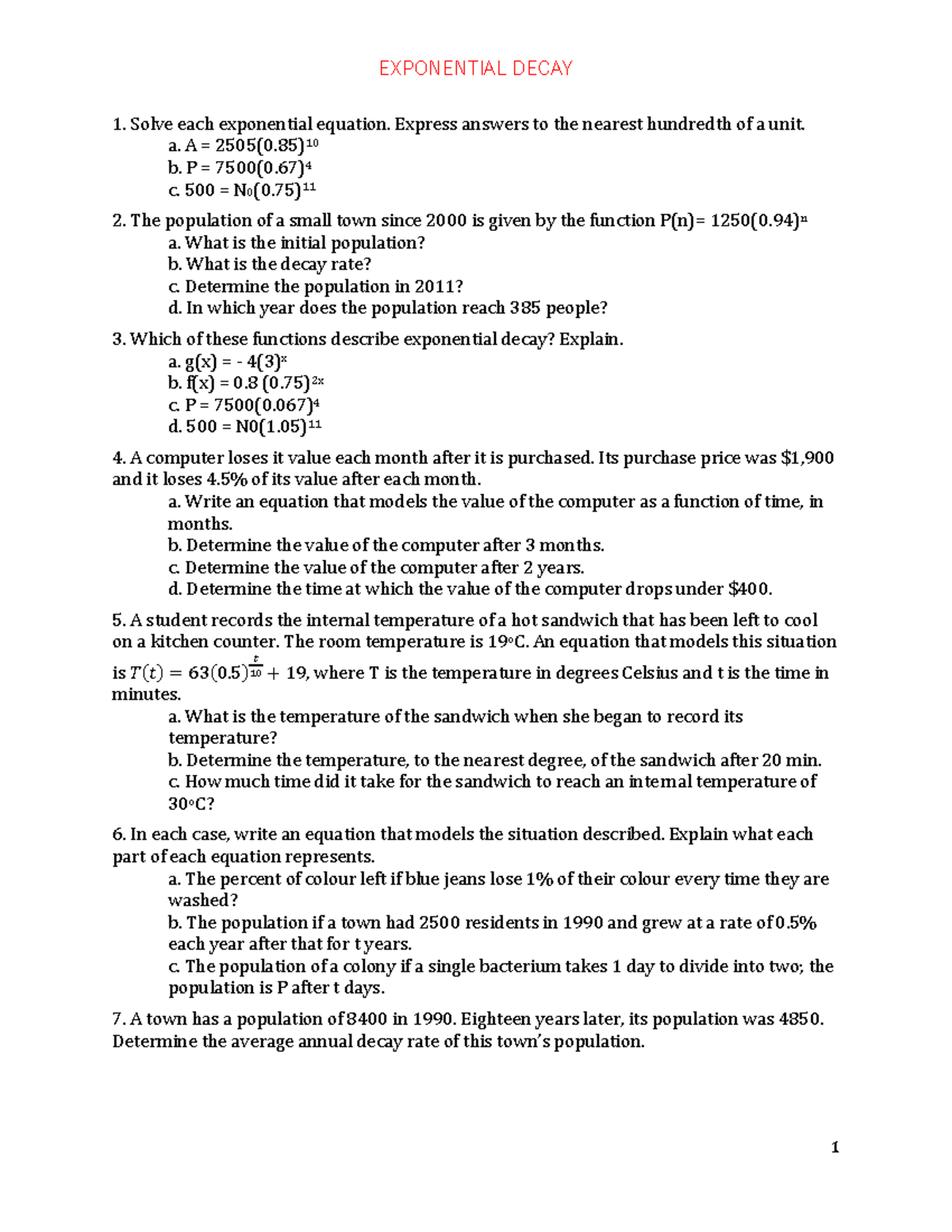 Exponential Decay - Worksheet 2 - EXPONENTIAL DECAY 1 Solve each ...