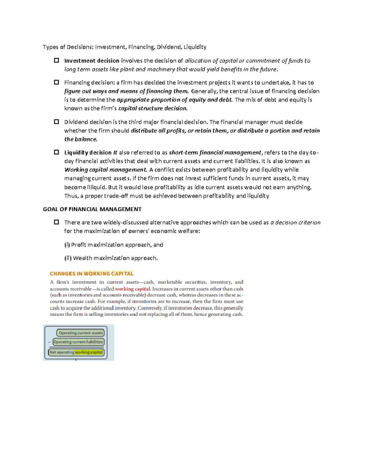 Worksheet - Note on diffrent concepts - Types of Decisions: Investment ...