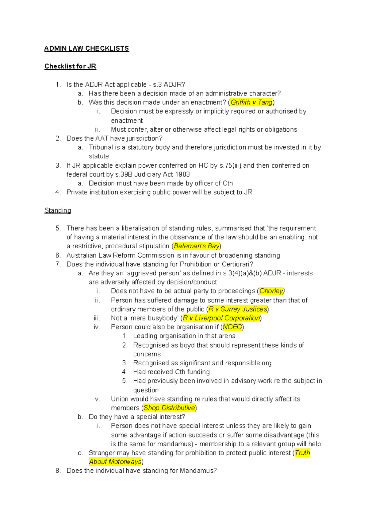 Admin Law Checklists for Exam - ADMIN LAW CHECKLISTS Checklist for JR 1 ...