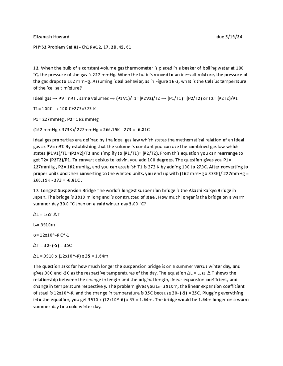 Phys 2 Problem Set #1 - Elizabeth Howard due 5/19/ PHYS2 Problem Set #1- Ch16 #12, 17, 28 ,45 ...