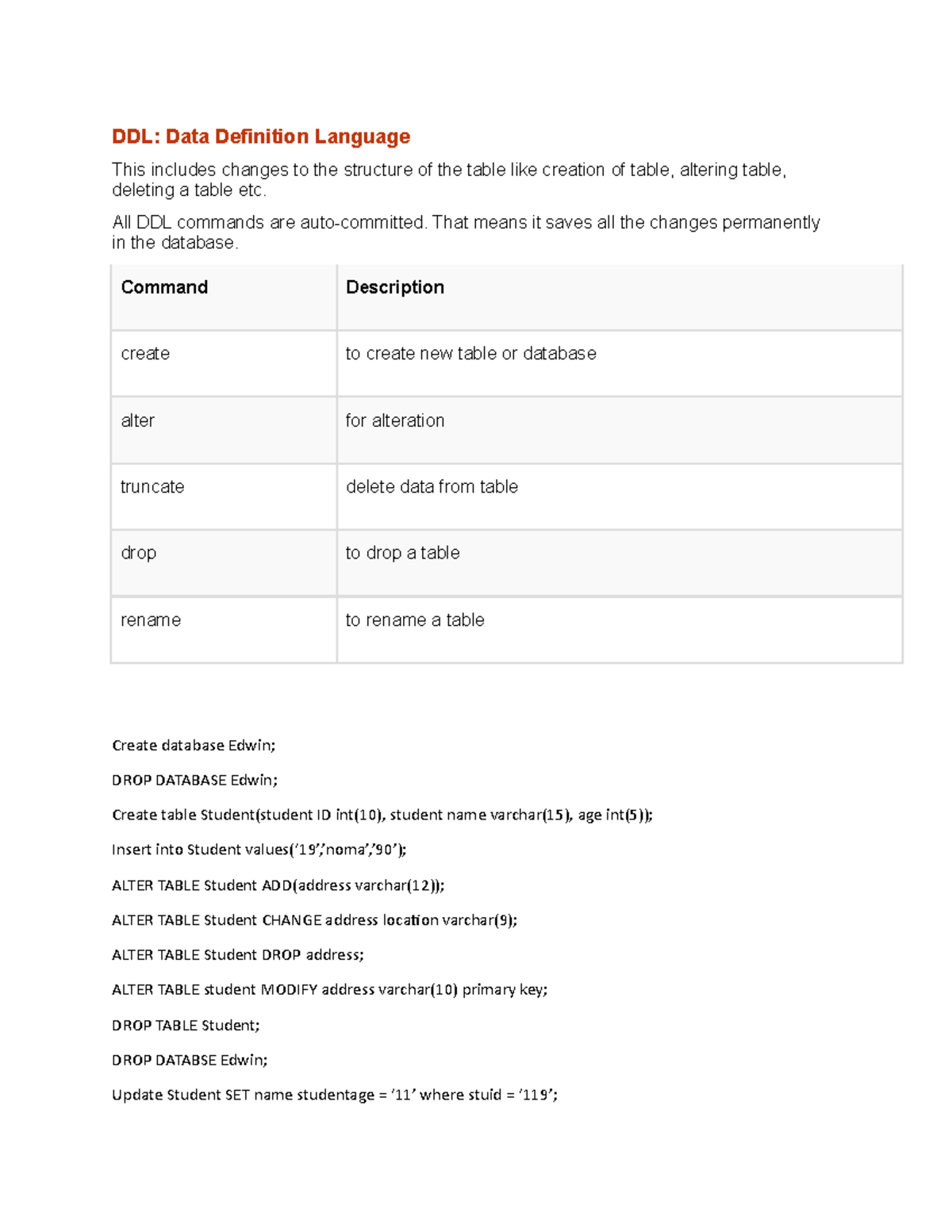 Database Topic 7 - DDL: Data Definition Language This includes changes ...