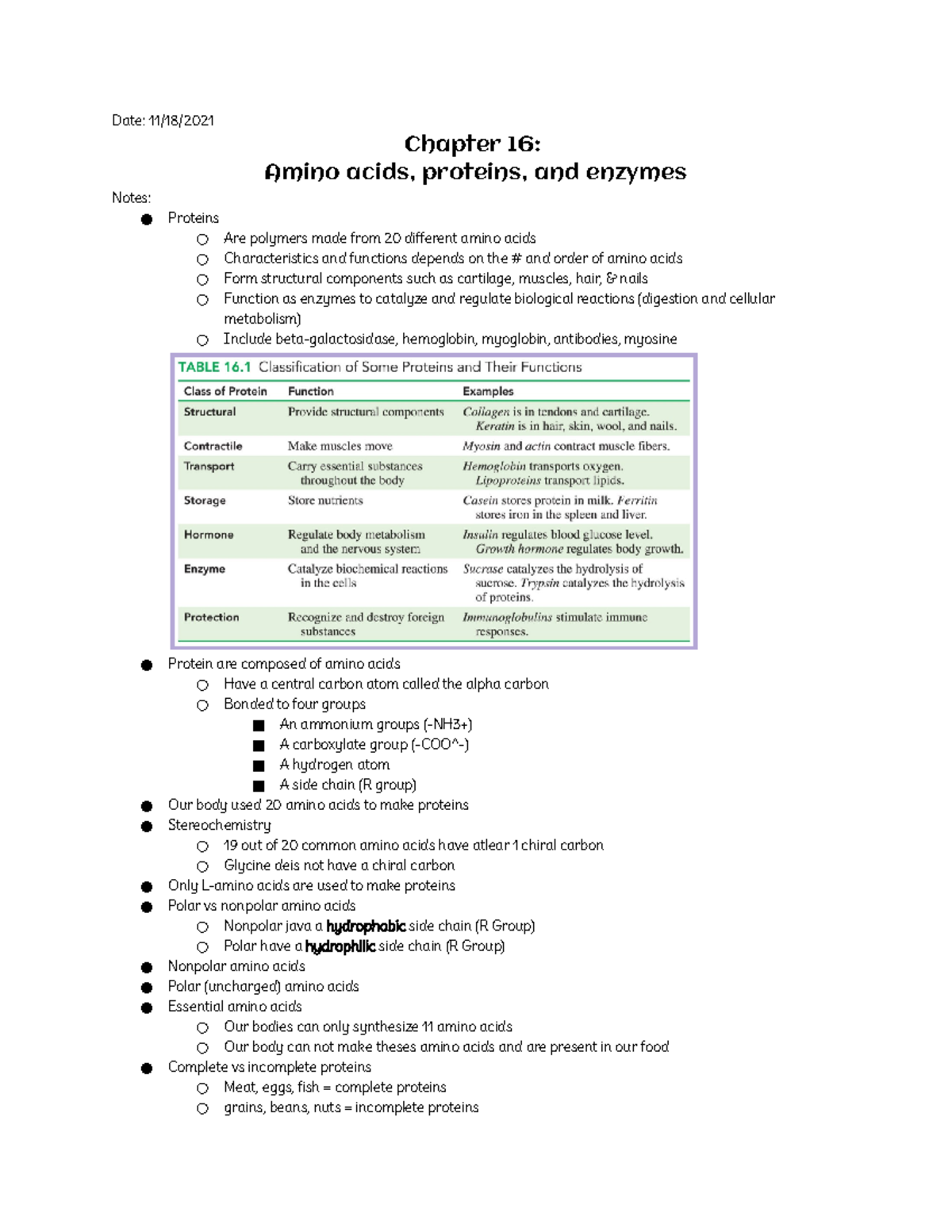 Chapter 16: Amino acids, proteins, and enzymes - Date: 11/18/ Chapter ...