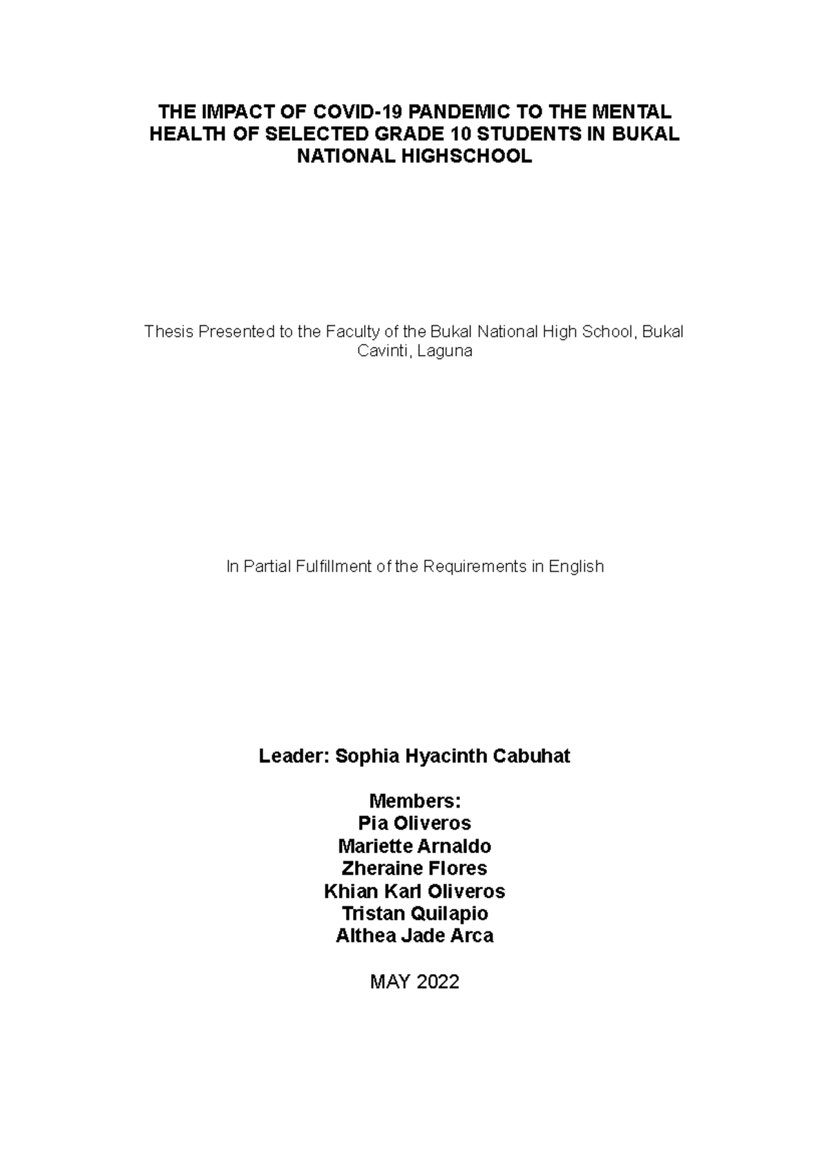 Thesis Proposal Group 1 - THE IMPACT OF COVID-19 PANDEMIC TO THE MENTAL ...