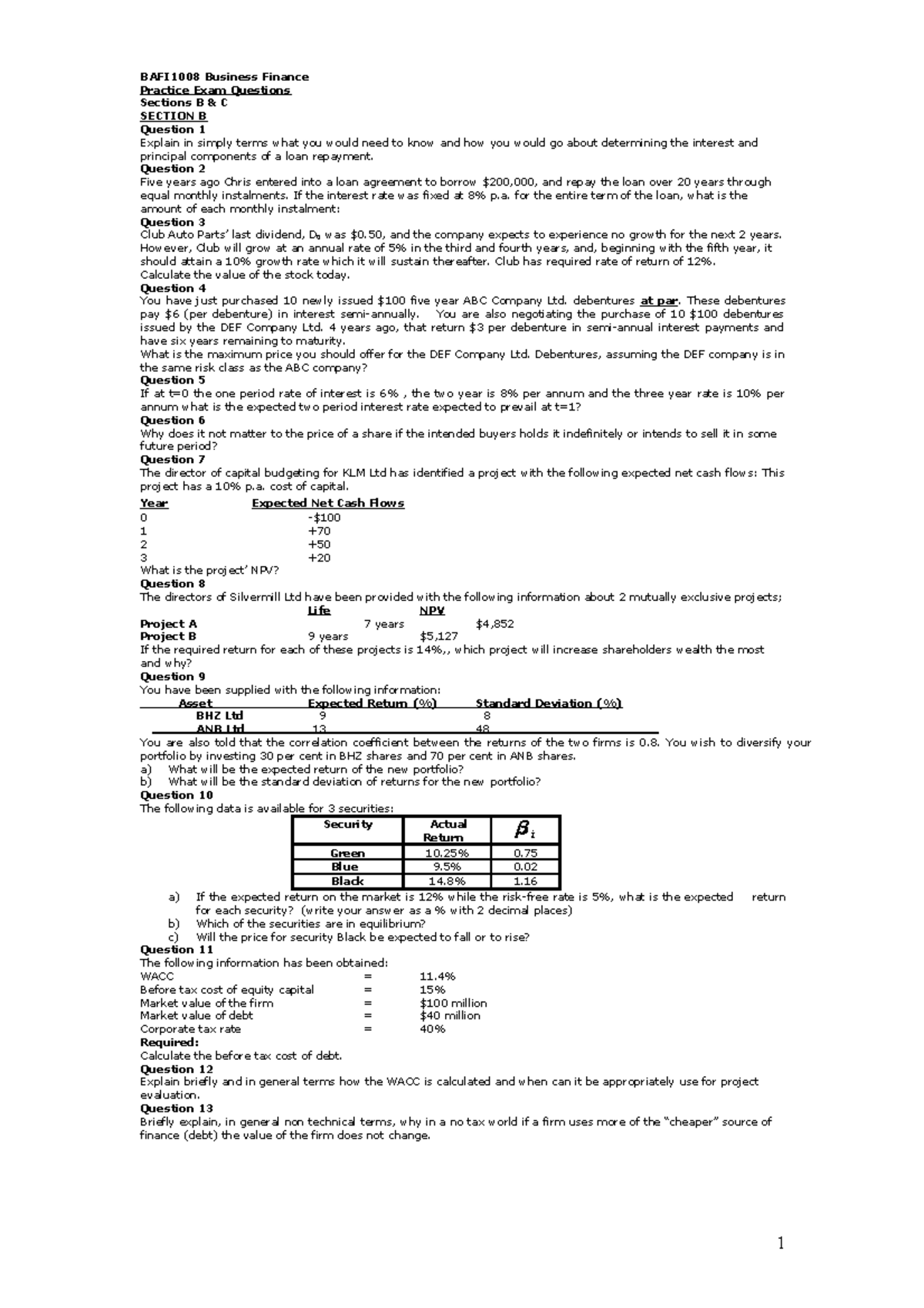 Exam - Practice Exam Questions - BAFI1008 Business Finance Practice ...