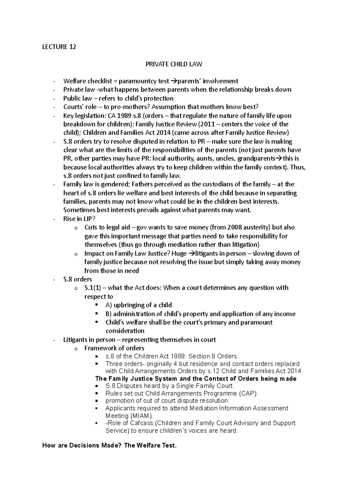 Lecture 12 - LECTURE 12 PRIVATE CHILD LAW - Welfare checklist ...