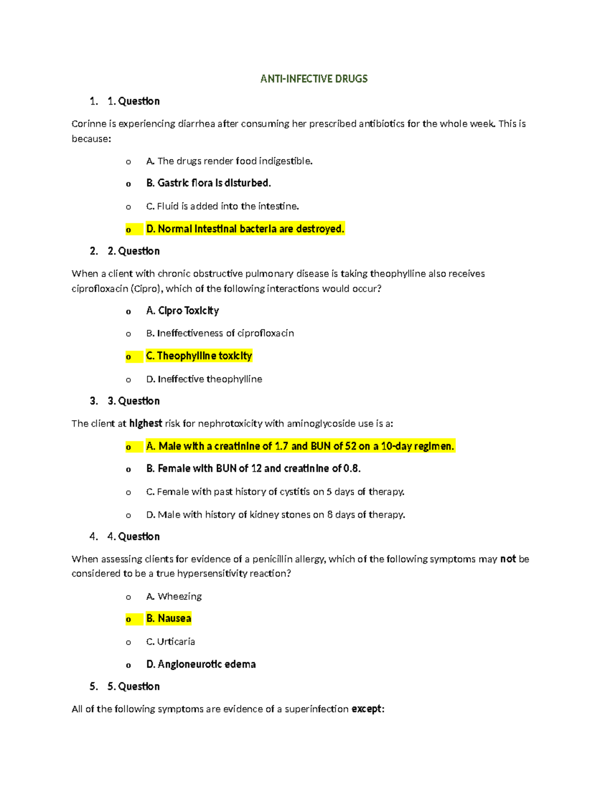 Anti-infective agents practice questions - ANTI-INFECTIVE DRUGS 1. 1 ...