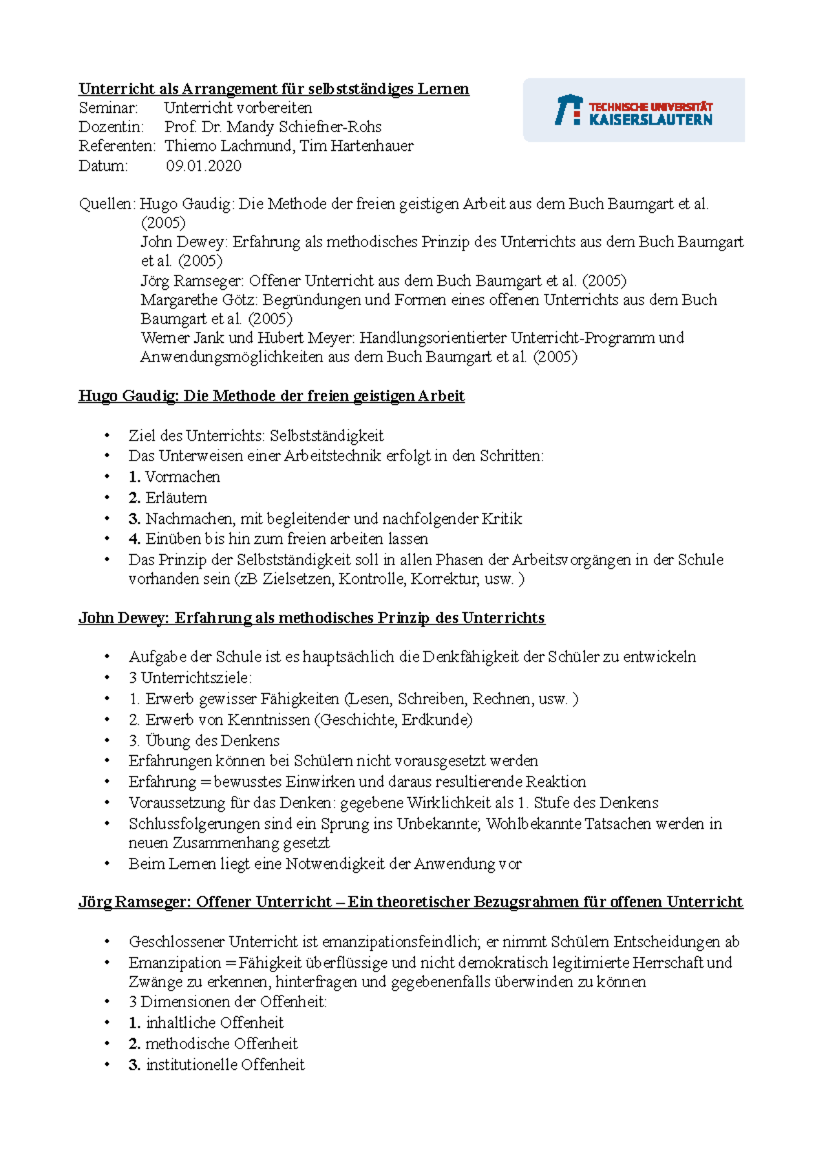 Handout Seminar Unterricht vorbereiten - Unterricht als Arrangement für ...