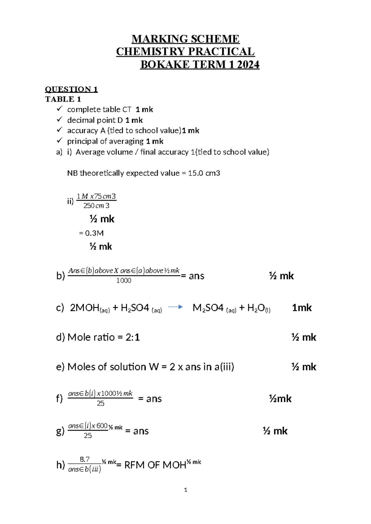 CHEM PP3 MS - Chemistry - MARKING SCHEME CHEMISTRY PRACTICAL BOKAKE TERM 1 2024 QUESTION 1 TABLE ...