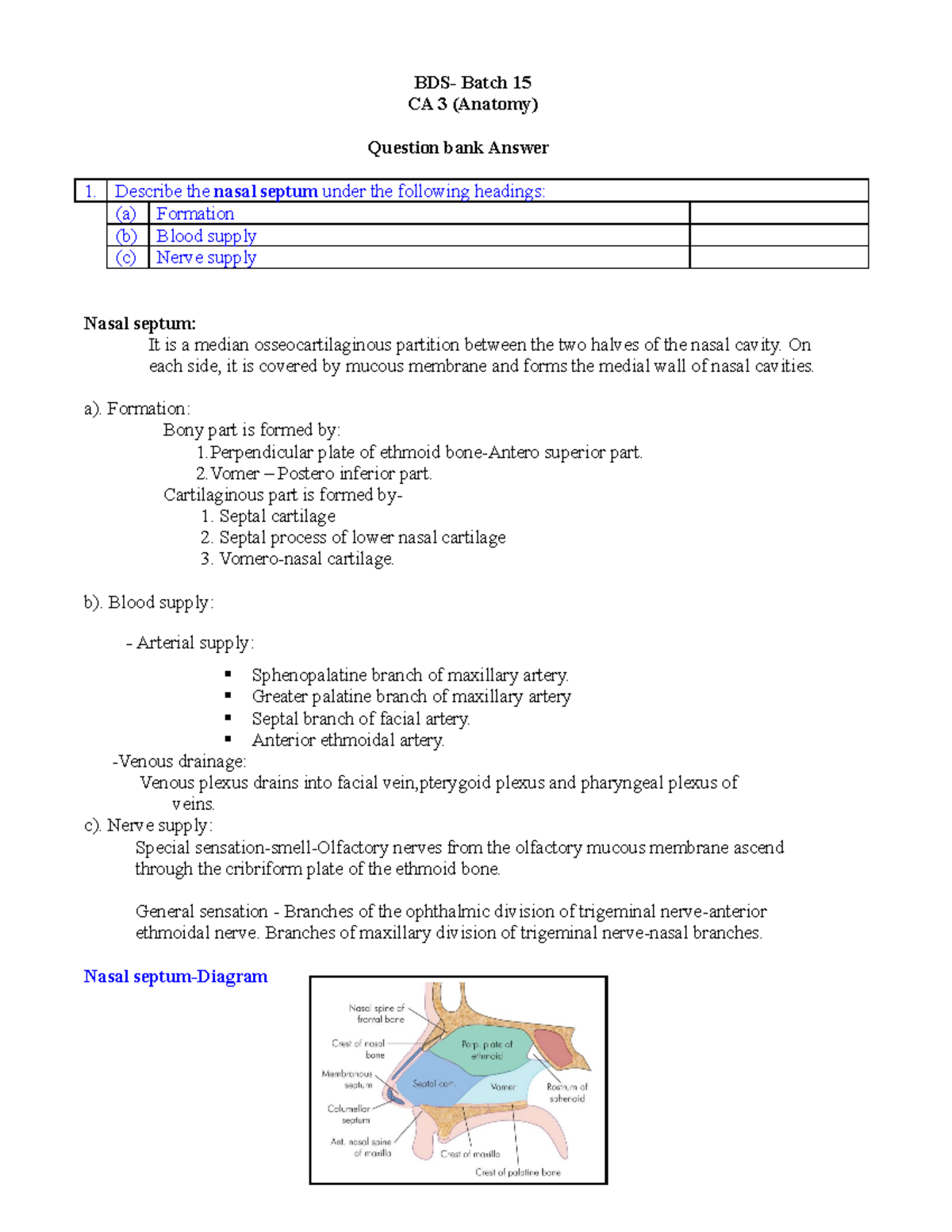 Anatomy yr1 dental surgery - BDS- Batch 15 CA 3 (Anatomy) Question bank ...