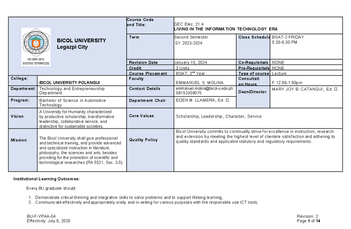 BSAT-2 - Course Code and Title: GEC Elec. 21. 4 LIVING IN THE ...