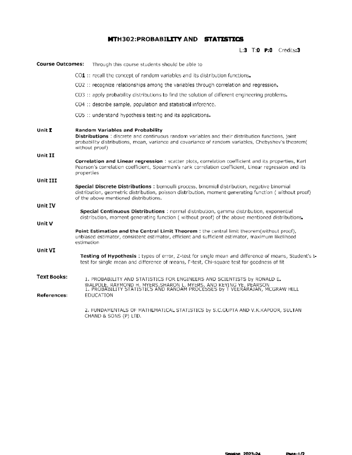 Maths 302syllabus Latest - MTH302: PROBABILITY AND STATISTICS L:3 T:0 P ...