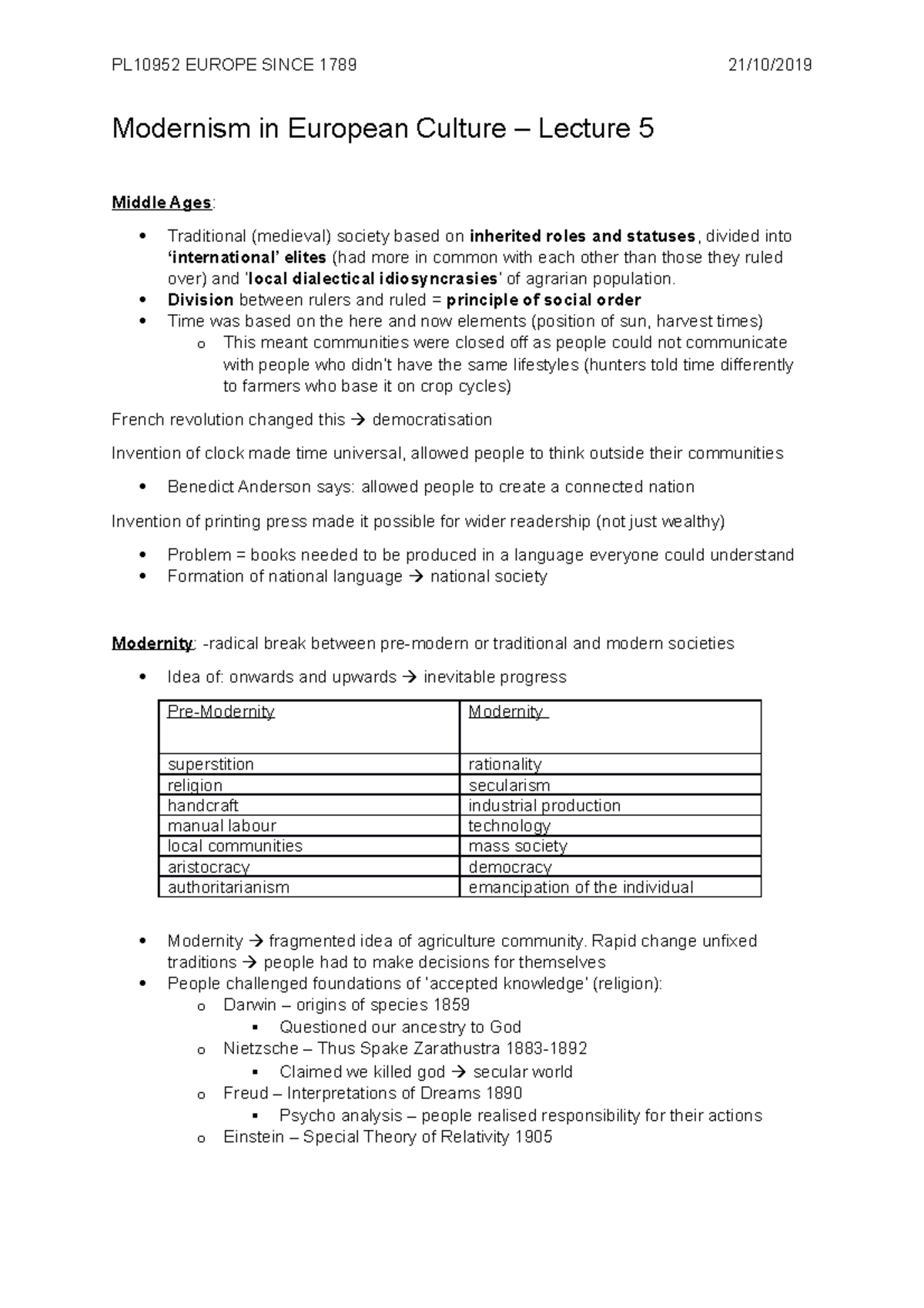 Lecture 5 - Modernism in European Culture - PL10952 EUROPE SINCE 1789 ...