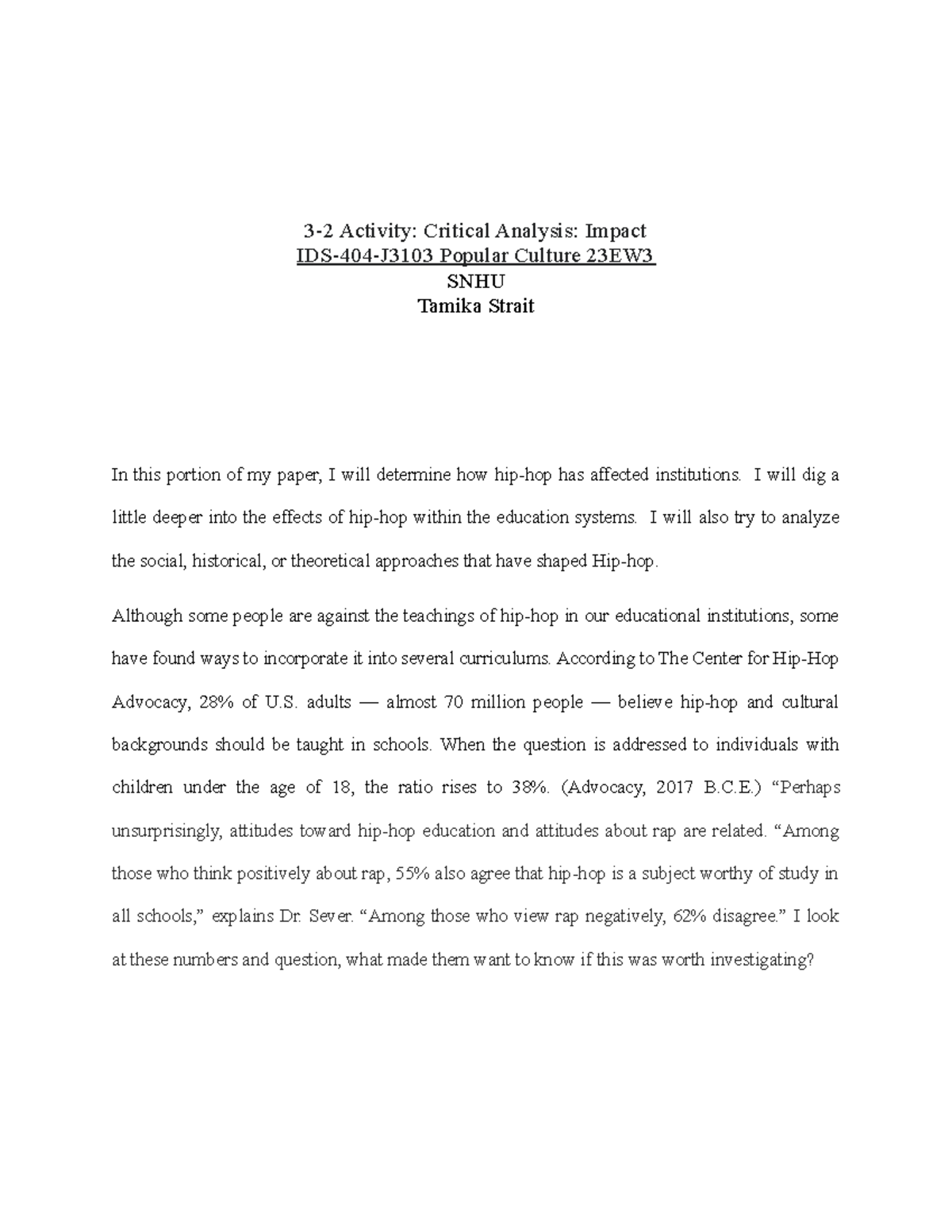 Part 2 hip hop culture Impact - 3-2 Activity: Critical Analysis: Impact ...
