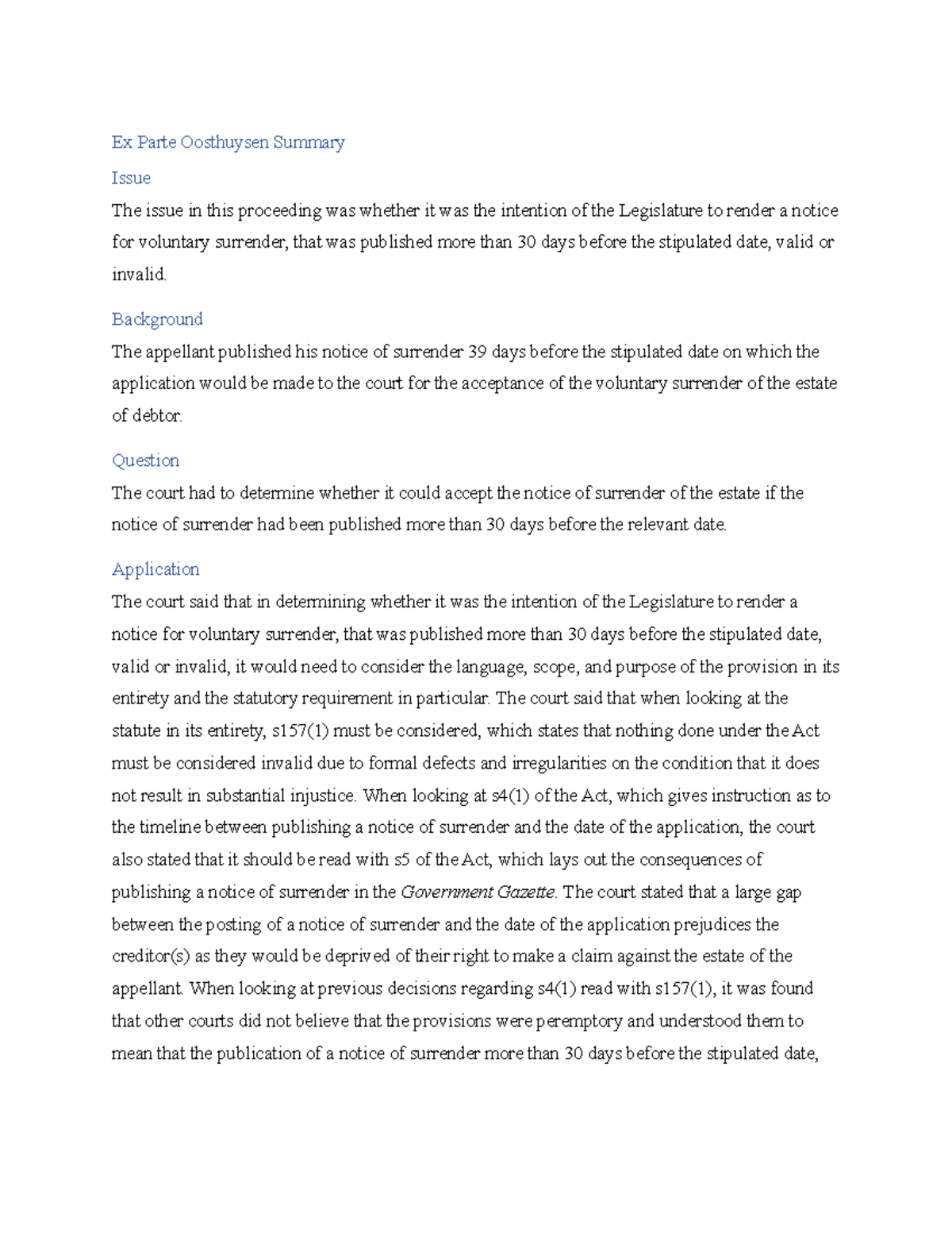 Ex Parte Oosthuysen Summary - Ex Parte Oosthuysen Summary Issue The ...
