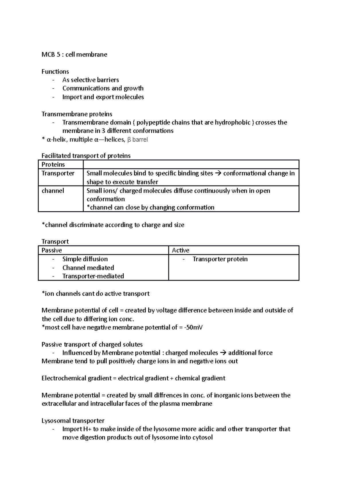 MCB 05 - Biomed notes - MCB 5 : cell membrane Functions - As selective ...