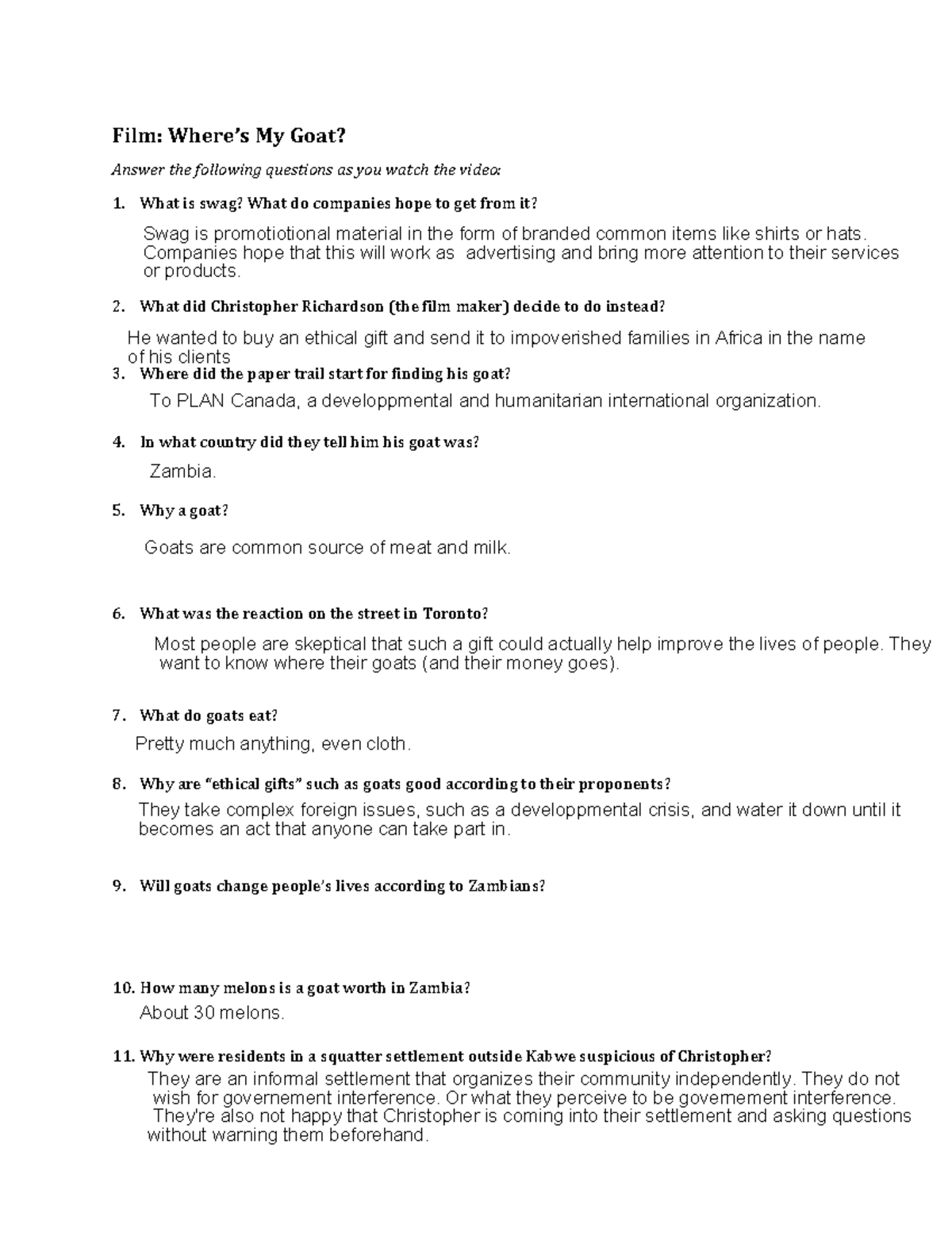 Wheres my goat questions - Film: Where’s My Goat? Answer the following ...