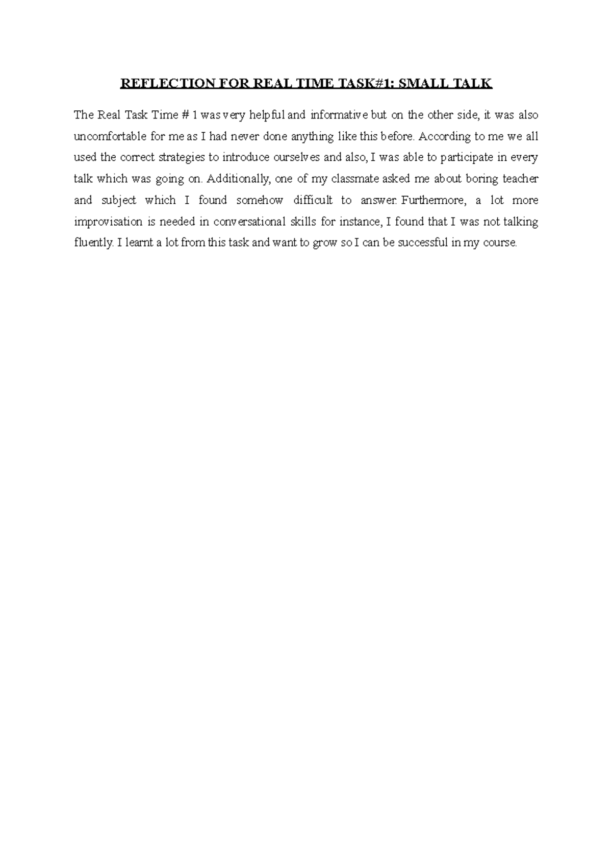 Real Time Task#1 Small-Talk Reflection - REFLECTION FOR REAL TIME TASK ...