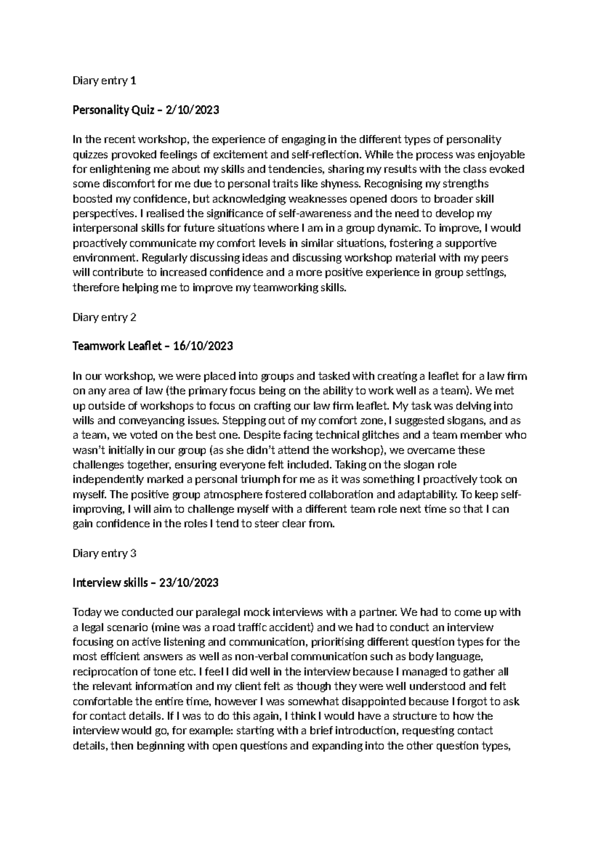 Exam Diary entries - exam entry examples - Diary entry 1 Personality ...