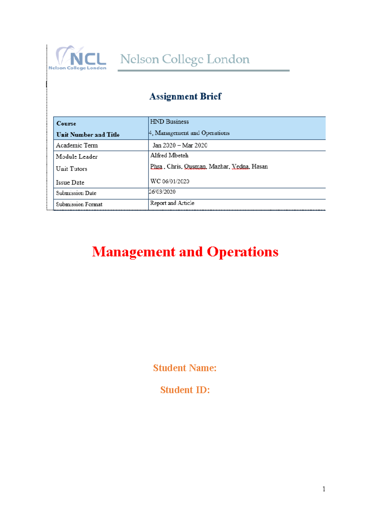 Management and Operations - Management and Operations Student Name ...