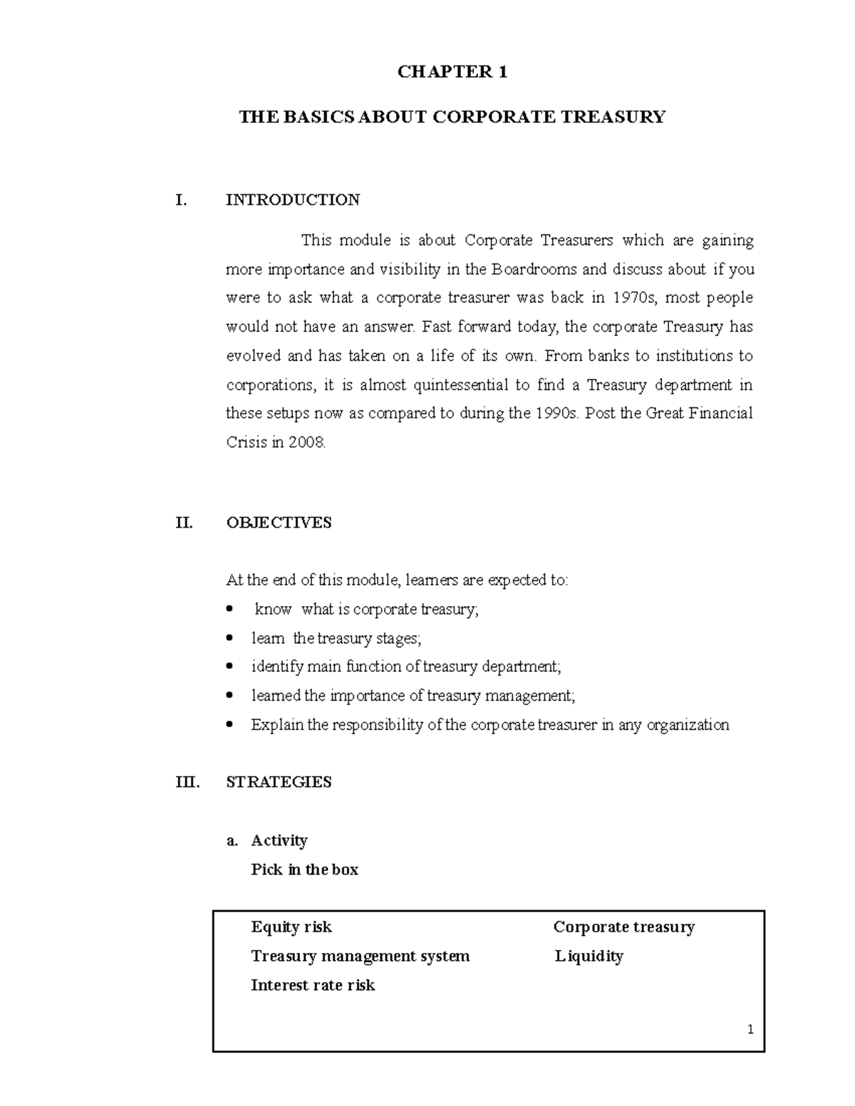 Chapter-1 - Treasury Management - CHAPTER 1 THE BASICS ABOUT CORPORATE ...