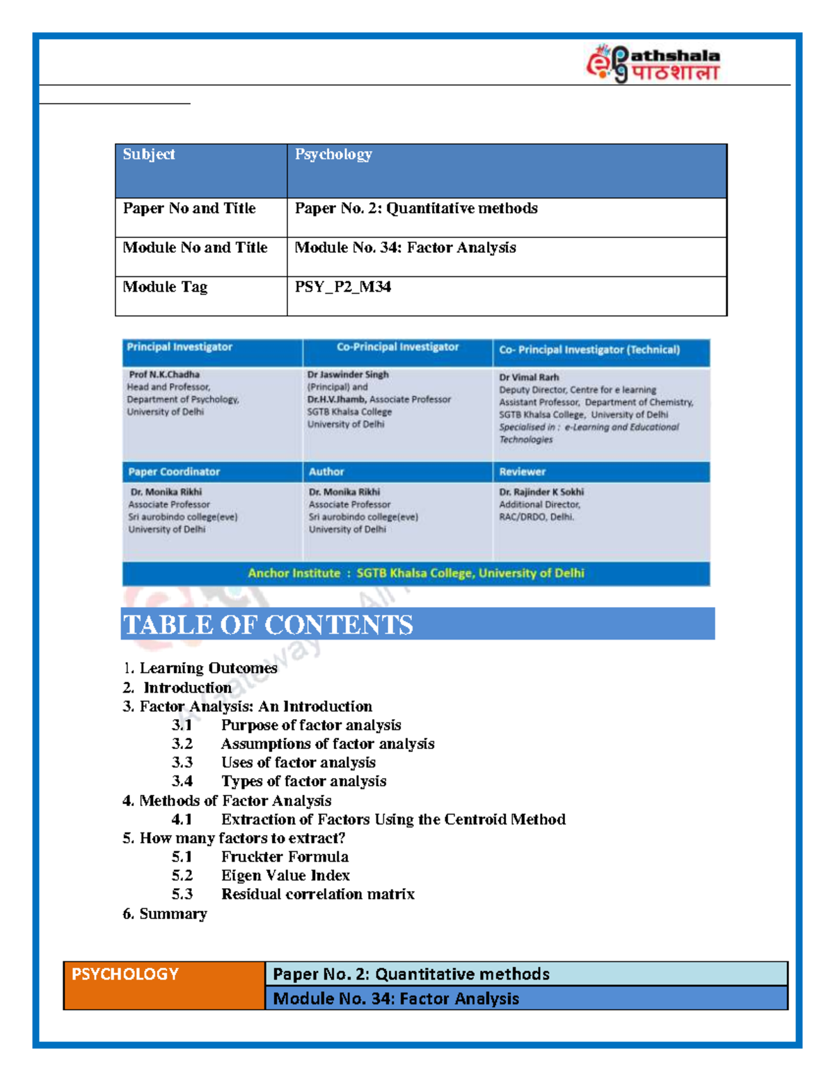 Factor Analysis - _________________ PSYCHOLOGY Paper No. 2 ...
