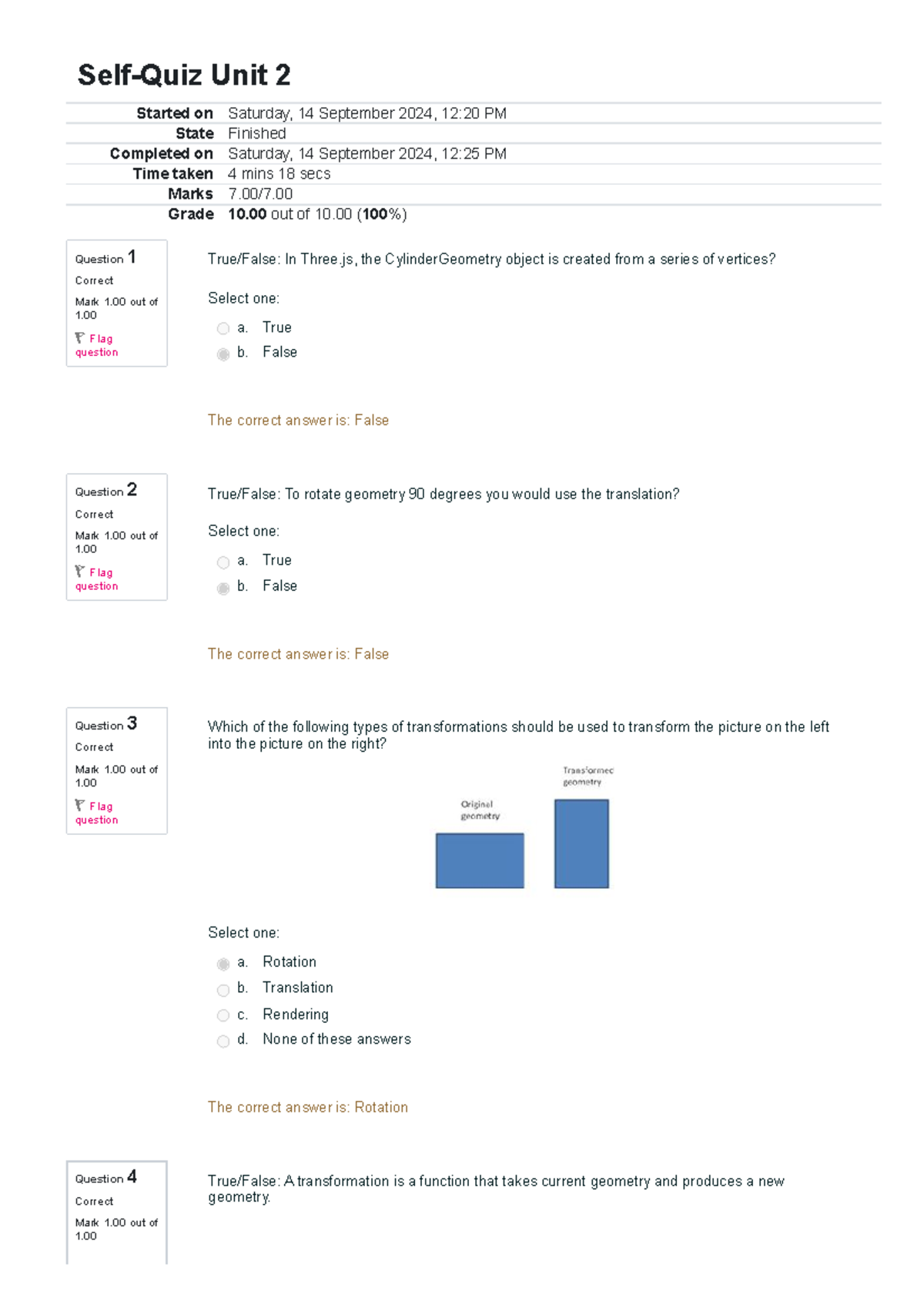 Self-Quiz Unit 2 Attempt 1 - Question 1 Correct Mark 1 out of 1. Flag ...
