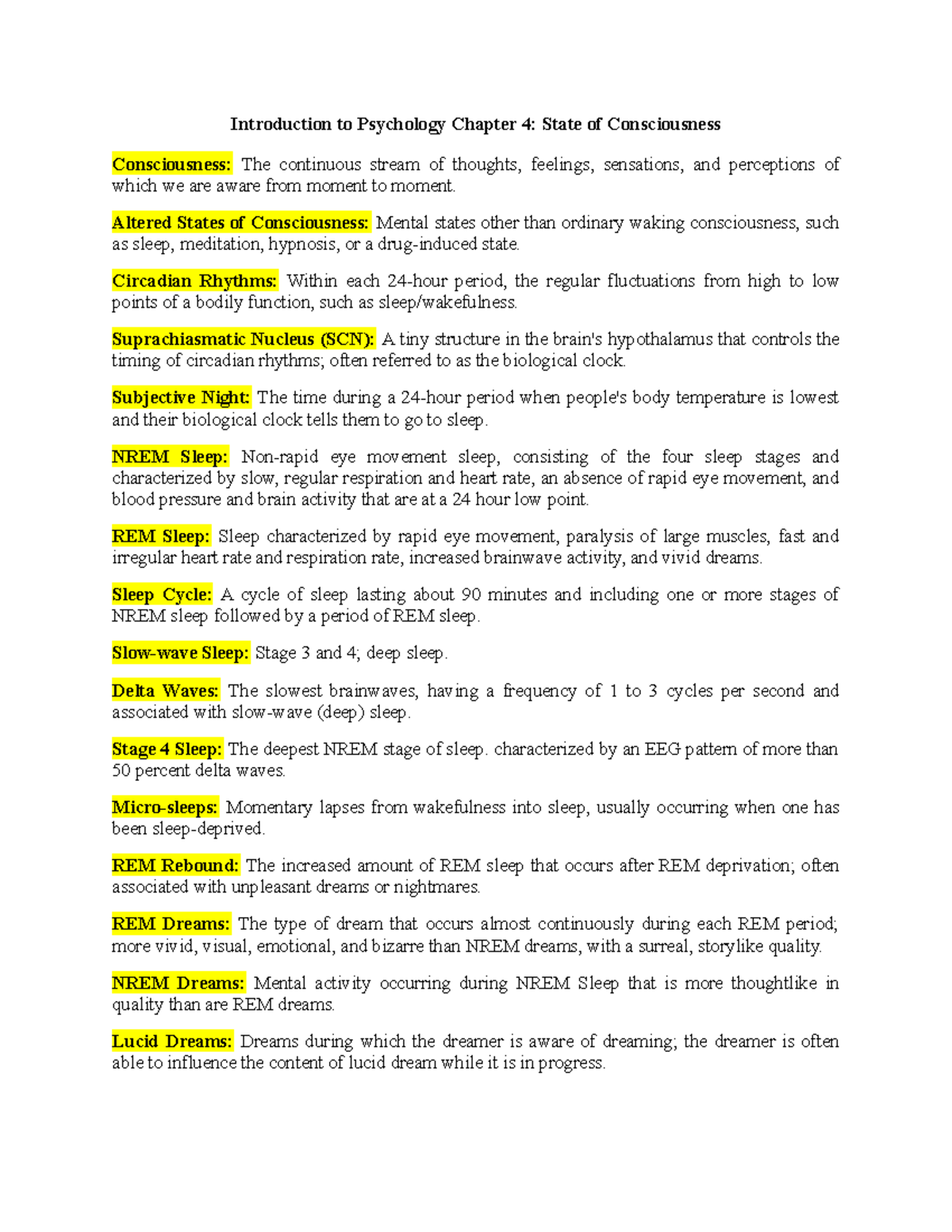 Introduction to Psychology Chapter 4 - Altered States of Consciousness ...