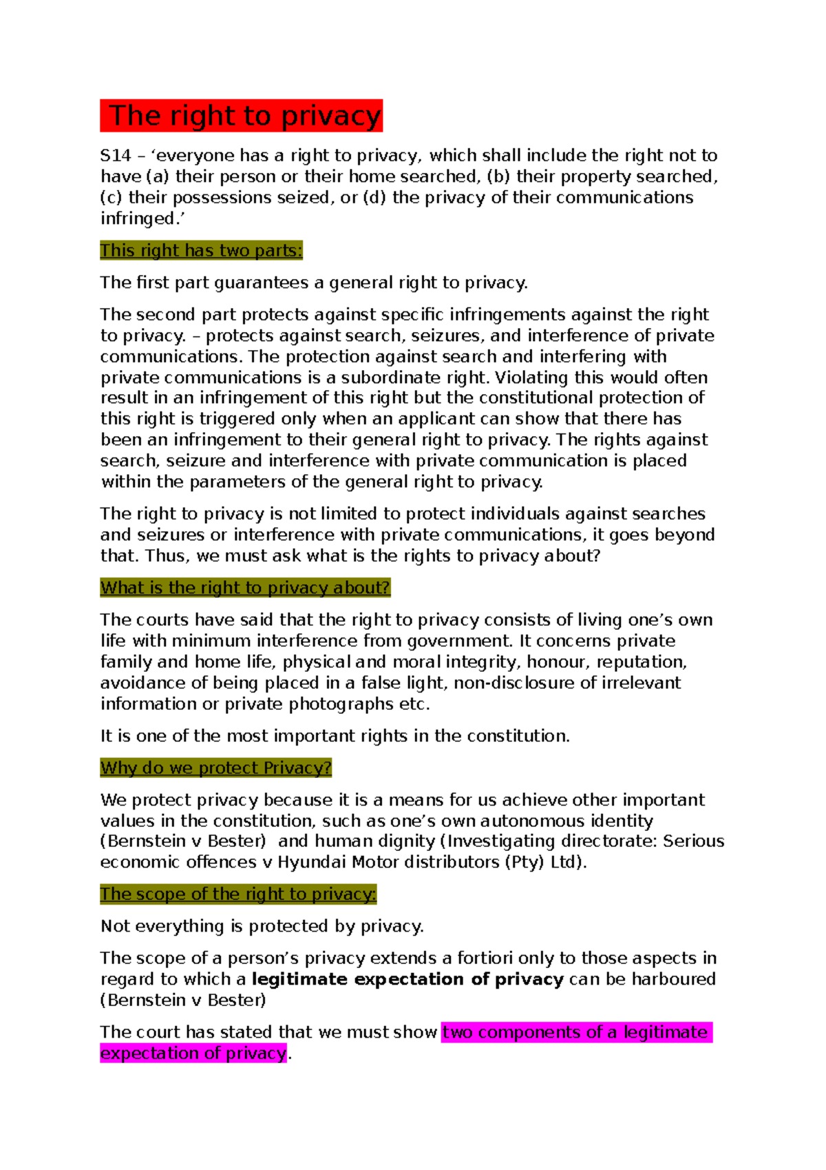 The right to privacy Notes - CON 202 - UWC - Studocu