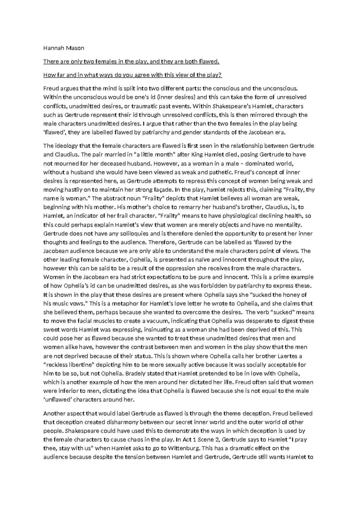 Hannah Marked Essay - Hannah Mason There are only two females in the ...