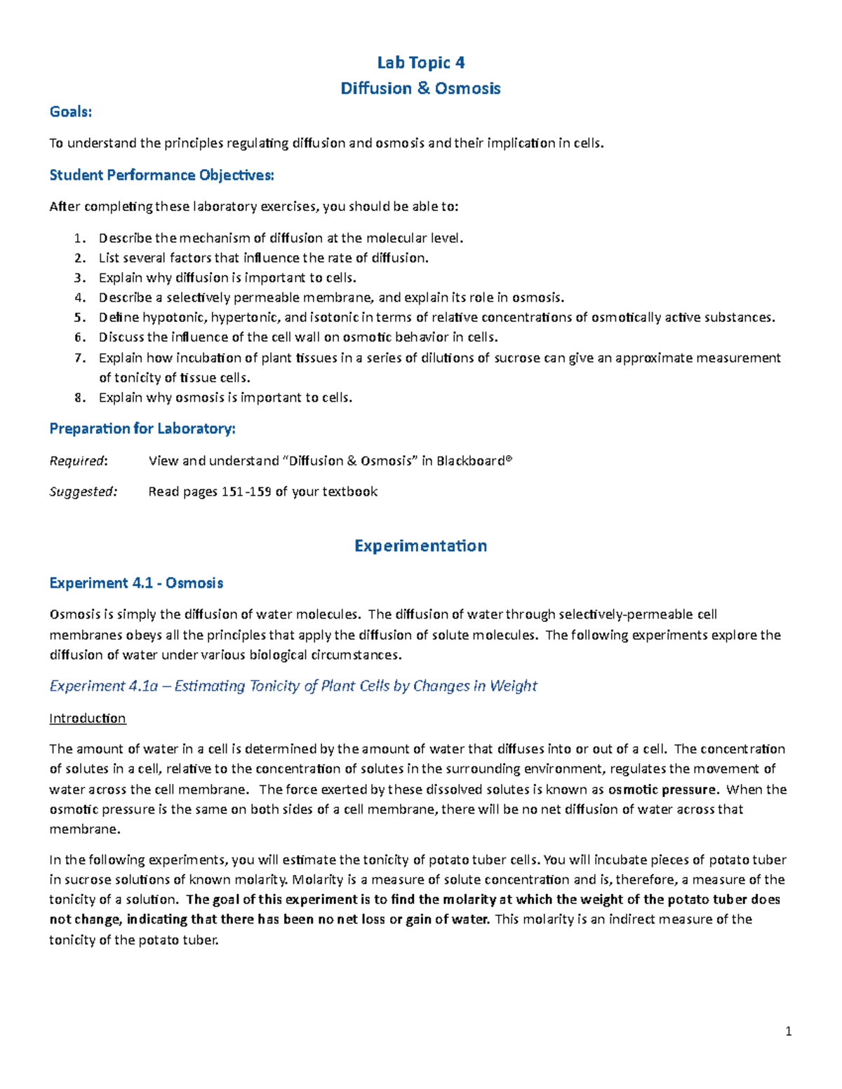BI 151 -Lab 4 Diffusion and Osmosis - Lab Topic 4 Diffusion & Osmosis Goals: To understand the ...