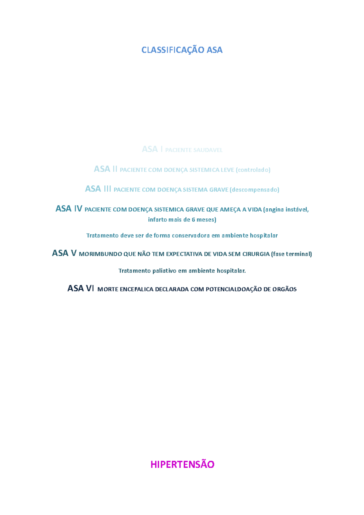 ASA, Hiper, Angina - RESUMO SOBRE AULA - CLASSIFICAÇÃO ASA ASA I ...