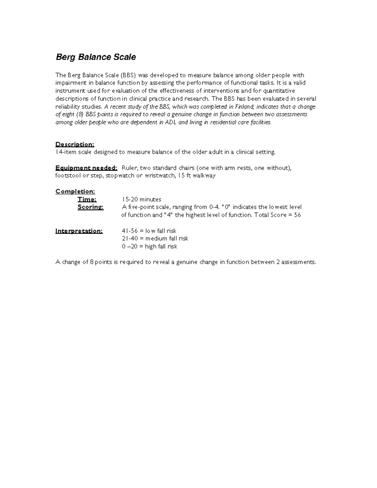 Berg Balance Scale - ADL Assessment - Berg Balance Scale - Studocu
