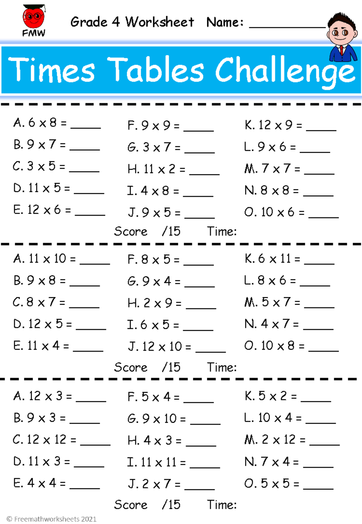Grade 4 Times Tables Challenge Worksheet 1 - Name: __________ Times ...