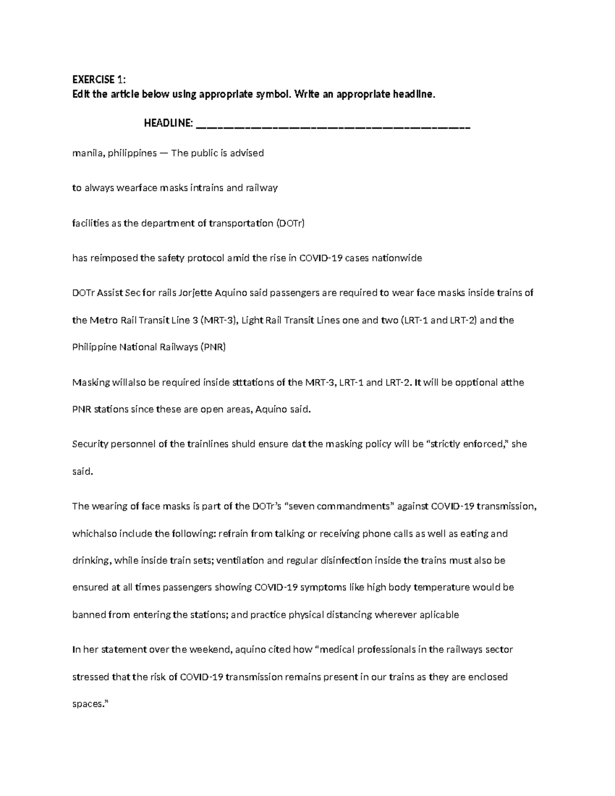 Copyreading Exercises - EXERCISE 1: Edit the article below using ...