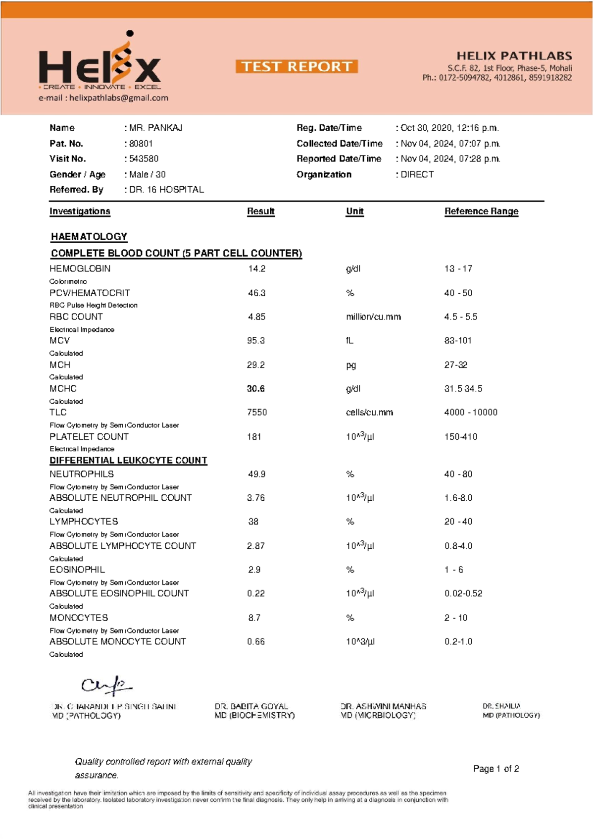 Pankaj-Male30-543580 - Name : MR. PANKAJ Pat. No. : 80801 Visit No ...
