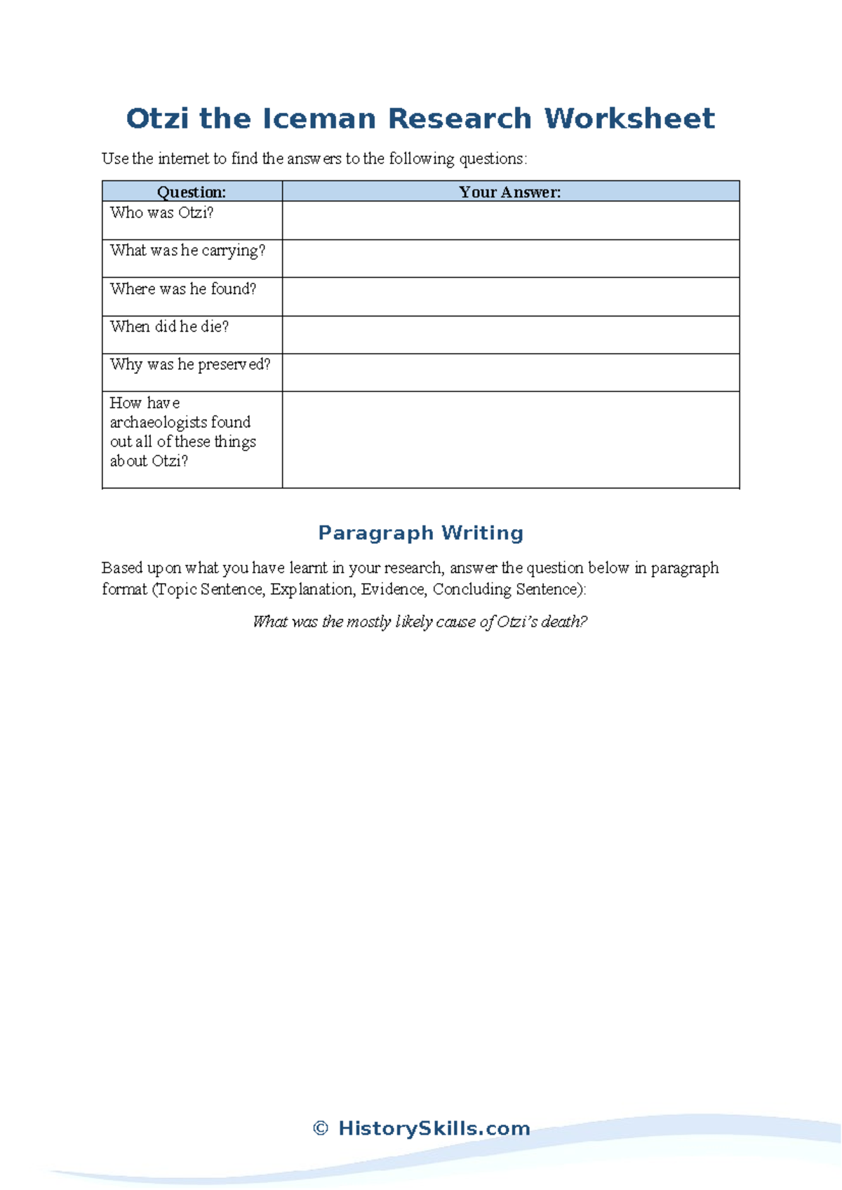 Otzi Research - Otzi the Iceman Research Worksheet Use the internet to ...