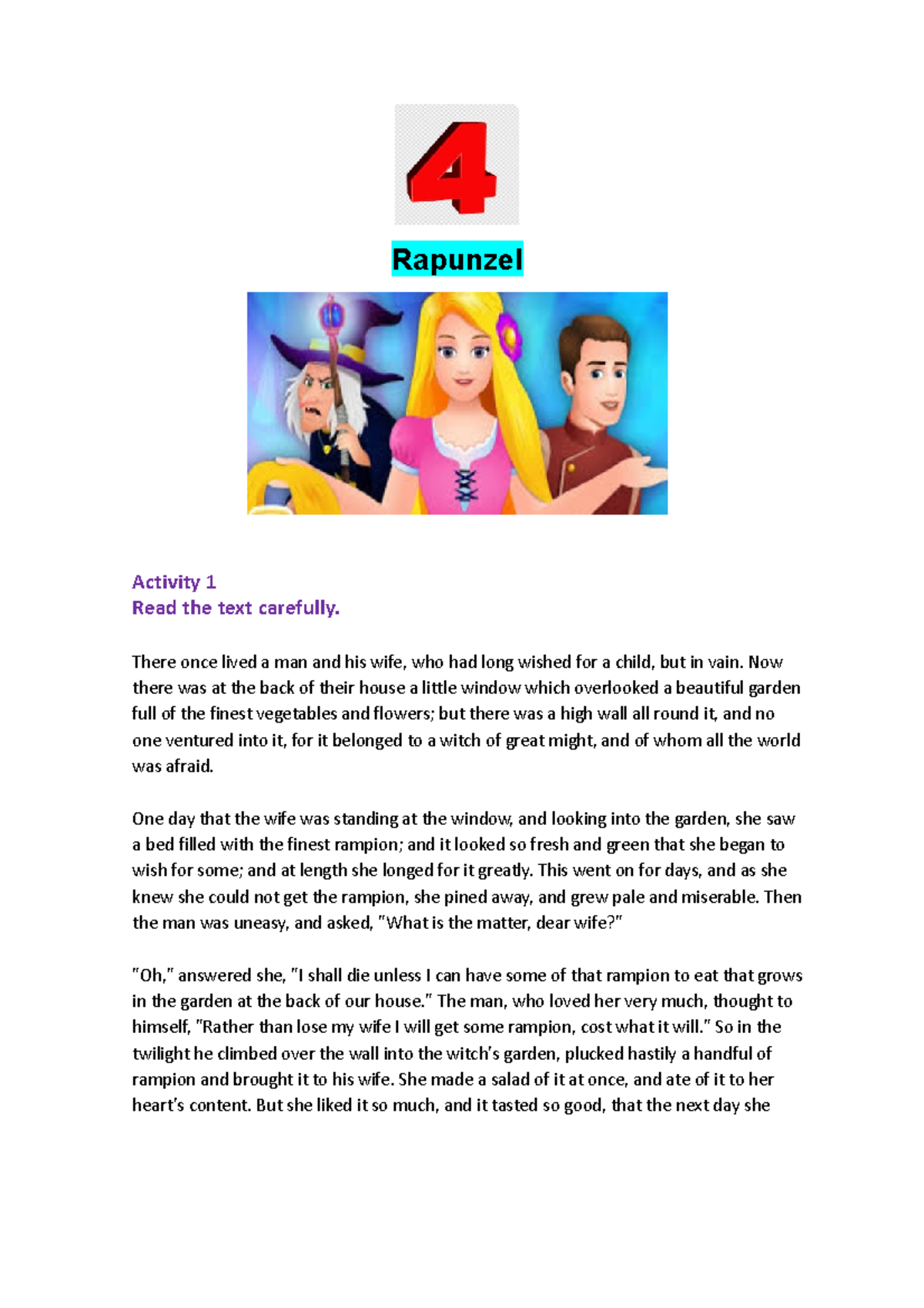 Rapunzel - english note - Rapunzel Activity 1 Read the text carefully ...