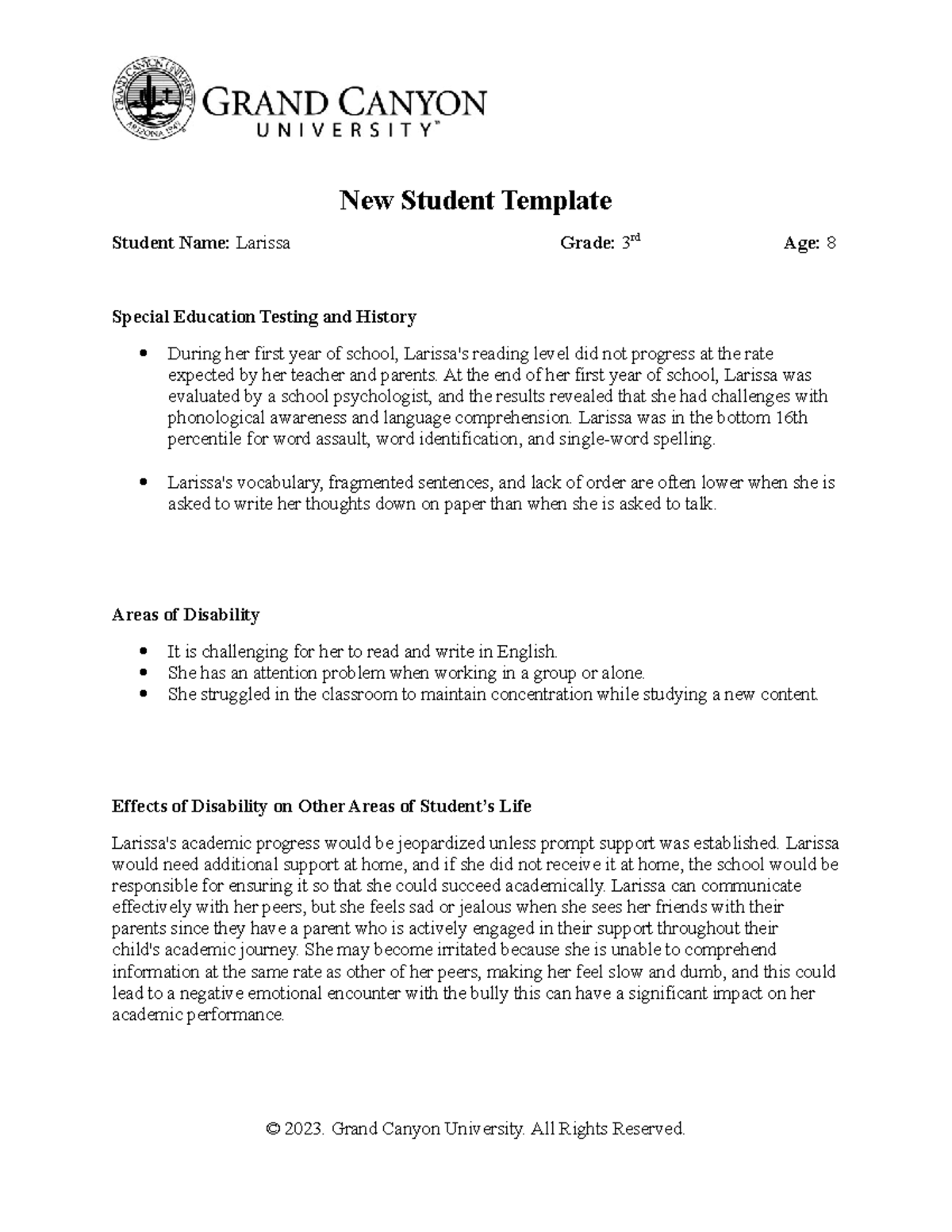 RS New Student Template - New Student Template Student Name: Larissa ...