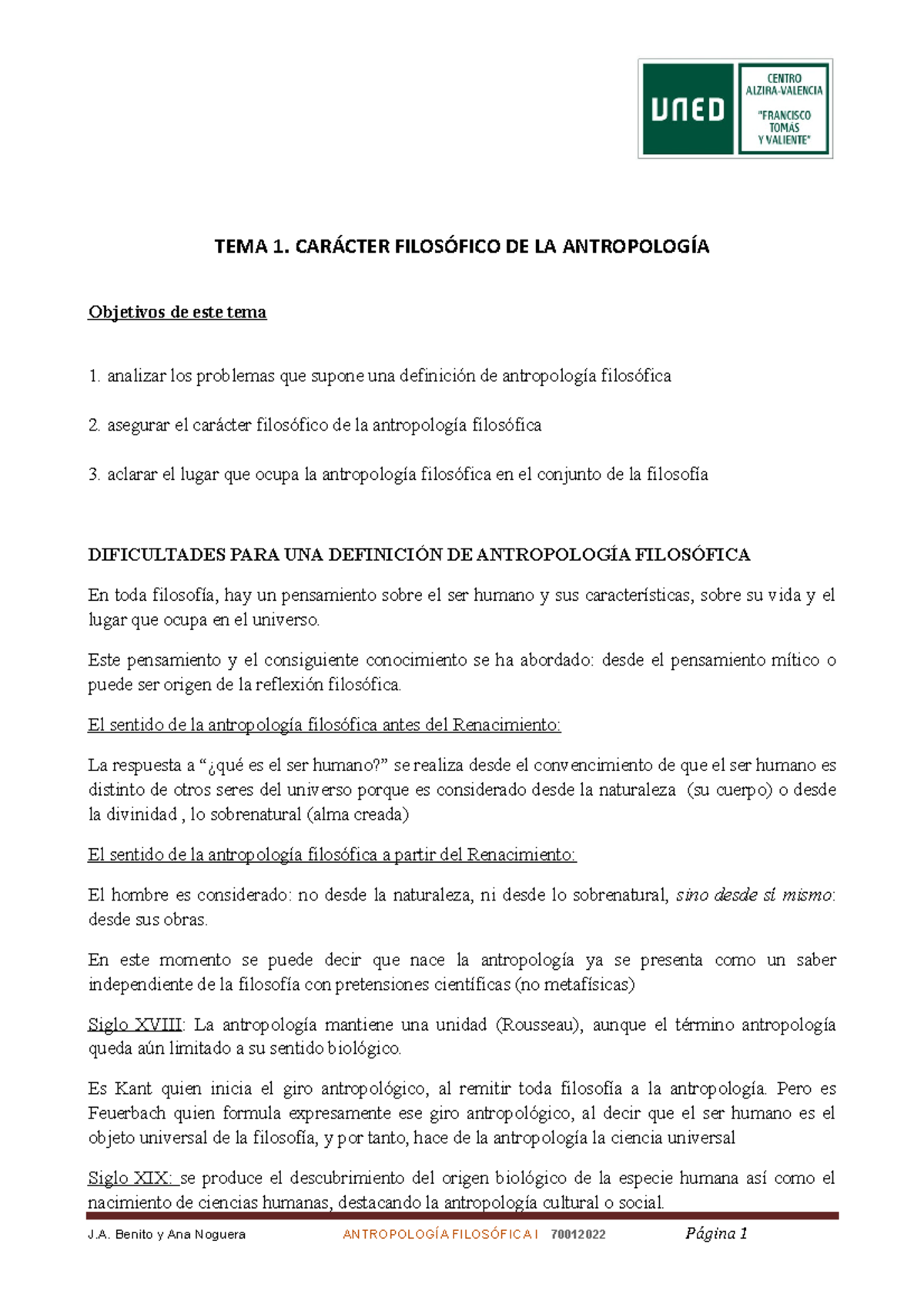 TEMA 1. Carácter Filosófico DE LA Antropología filosofica - TEMA 1 ...